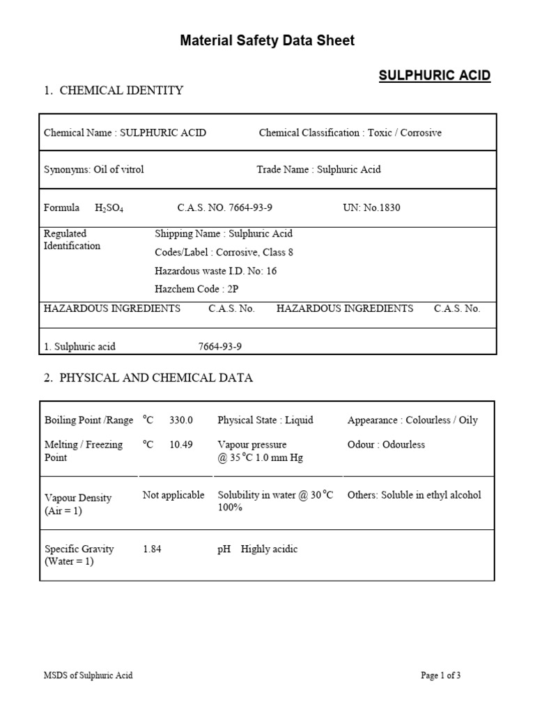 MSDS-Sulphuric Acid 1 | PDF | Magnesium | Water