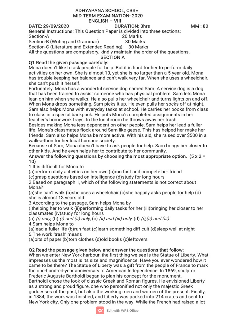 Mid Term English Question Class 8 2020 | PDF