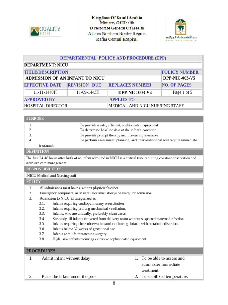 NICU Infant Admission Policy DPP-NIC-003 | PDF | Neonatal Intensive ...