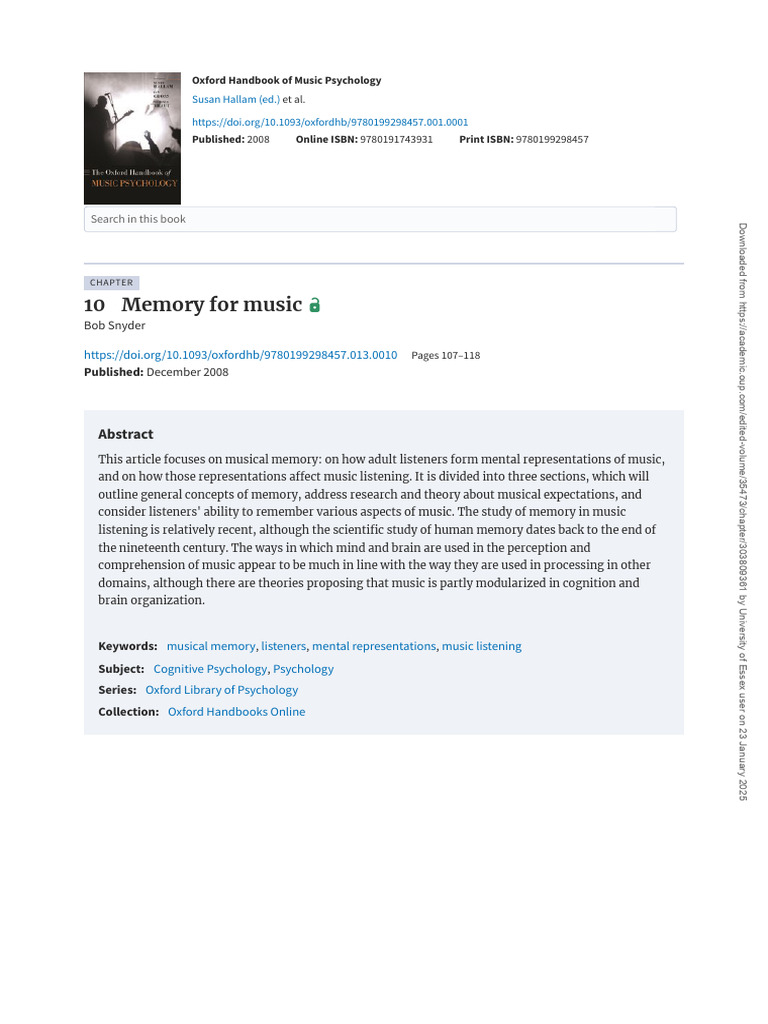 Memory for Music_Susan Hallam Et Al | PDF | Memory | Long Term Memory