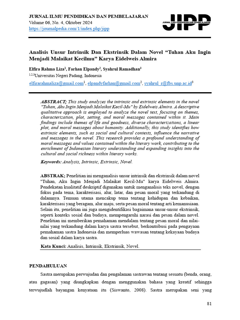 Analisis Unsur Intrinsik Dan Ekstrinsik Dalam Novel "Tuhan Aku Ingin Menjadi Malaikat Kecilmu ...