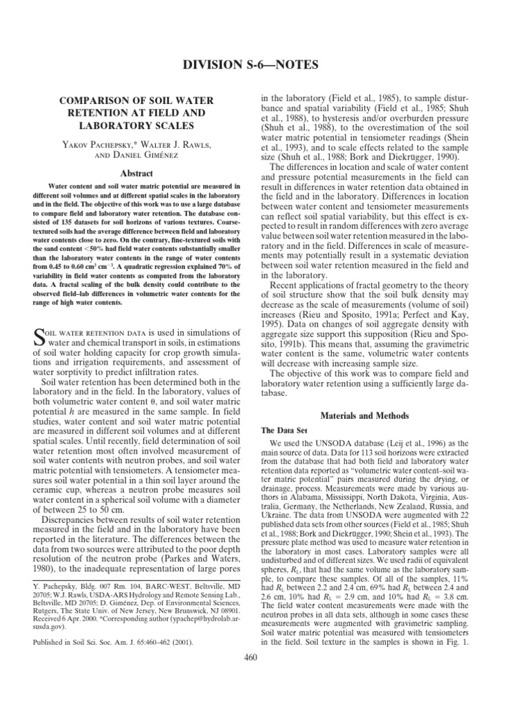 Comparison of Soil Water Retention at Field and Laboratory Scales | PDF ...