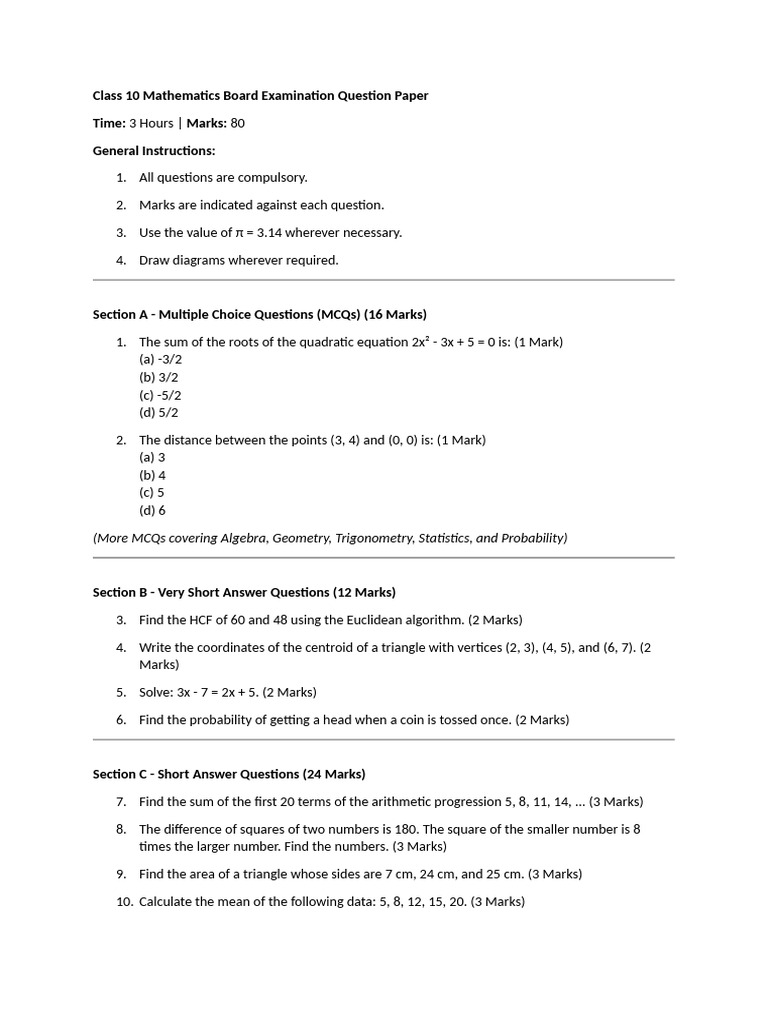 Sample Maths Board Paper Class 10 | PDF | Sphere | Area