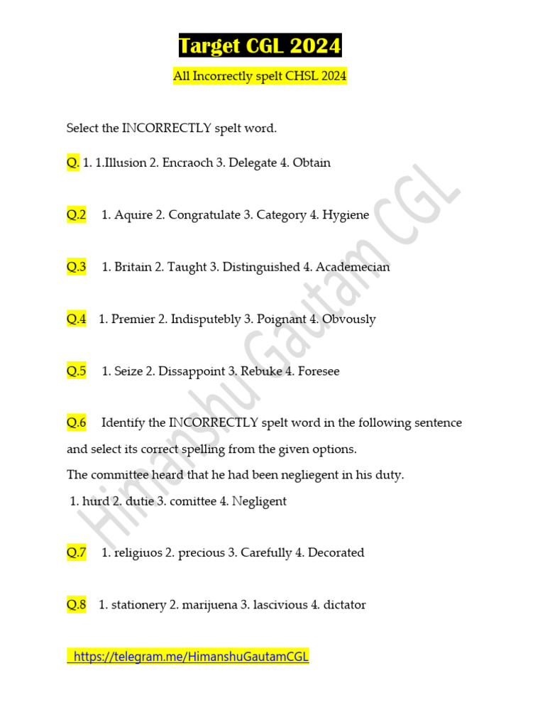 All Incorrectly Spelt CHSL 2024 | PDF