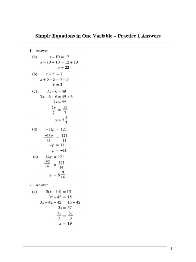 Simple Equations Practice and Solutions | PDF | Equations ...