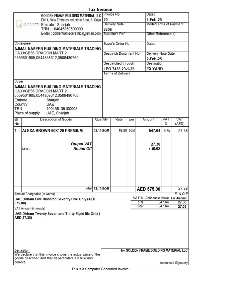 20 Ajmal Alxa BRW 33.19 2-2-25 | PDF | Value Added Tax | Invoice