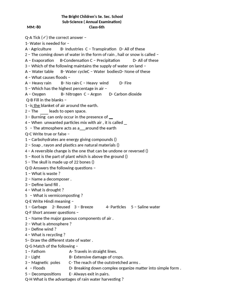 Class 6 Science Exam Questions Guide | PDF