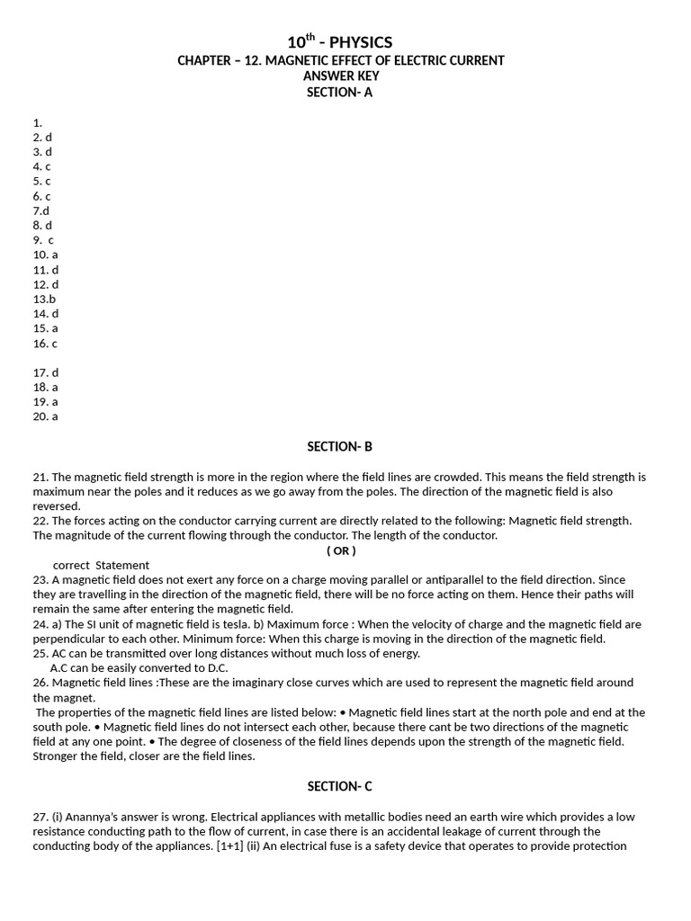 MAGNETIC EFFECT OF CURRENT Answer Key | PDF | Magnetic Field | Magnetism