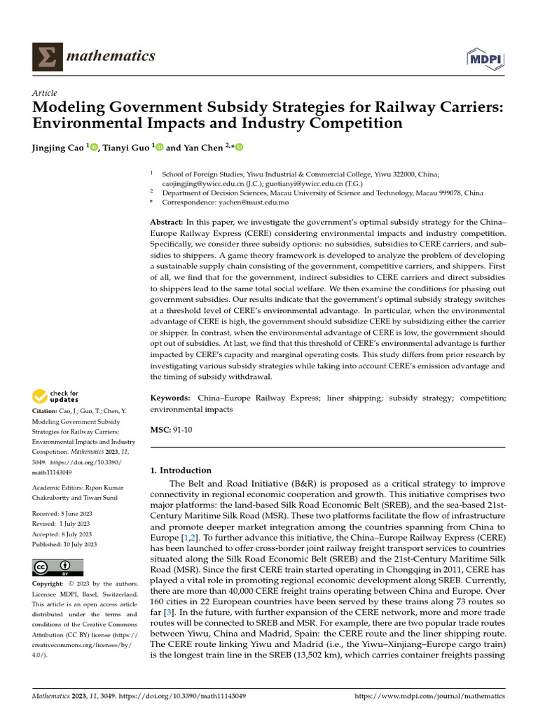 Modeling Government Subsidy Strategies For Railway Carriers ...