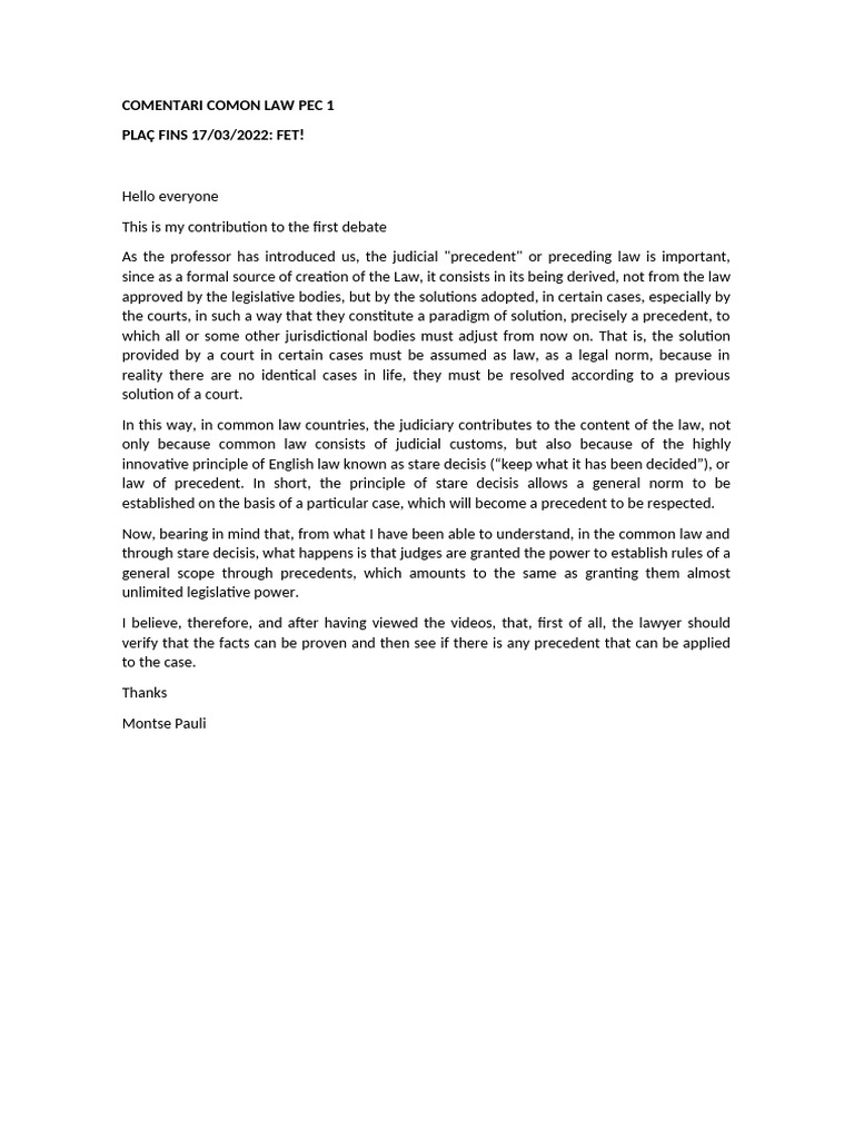 Comentari Debate Aula Comon Law Pec 1 | PDF