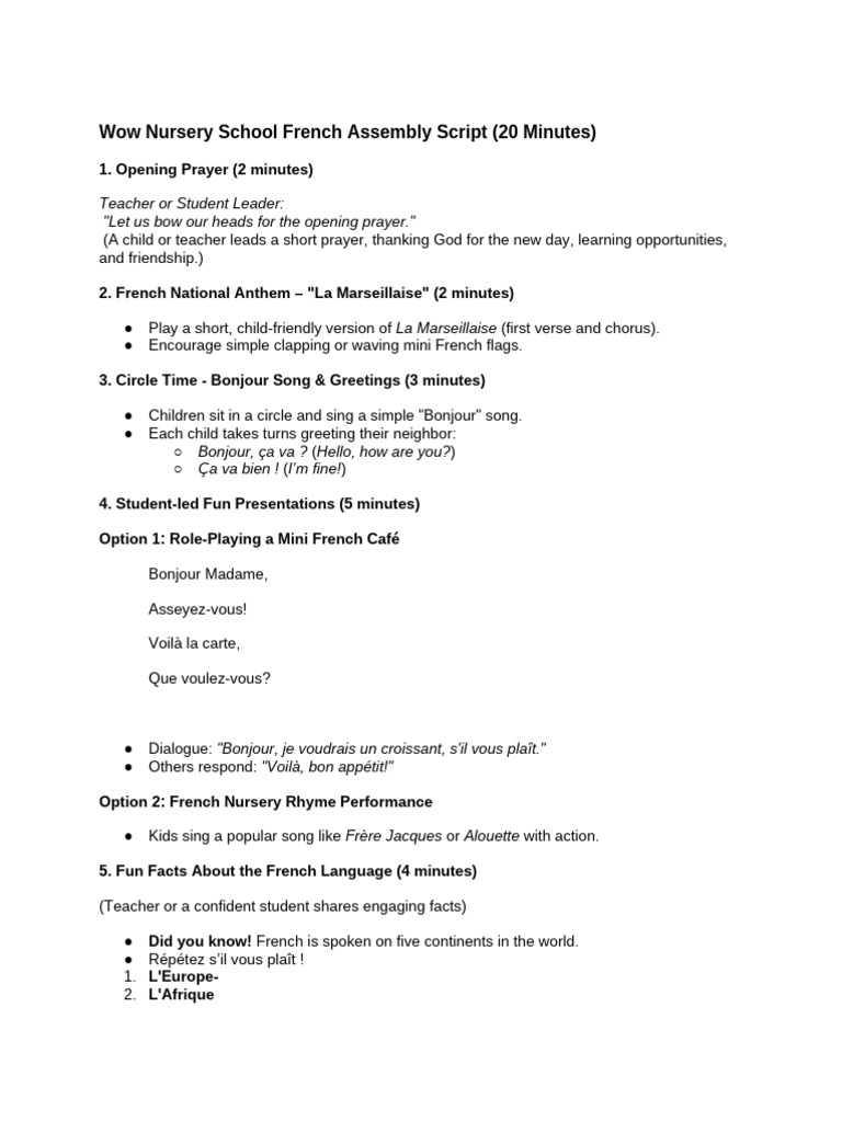 French Assembly Script for Kids | PDF