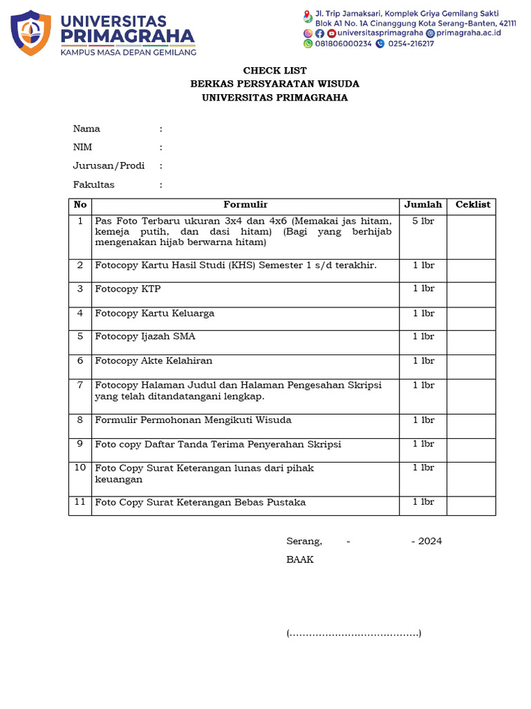 Form Cheklist Persyaratan Wisuda | PDF