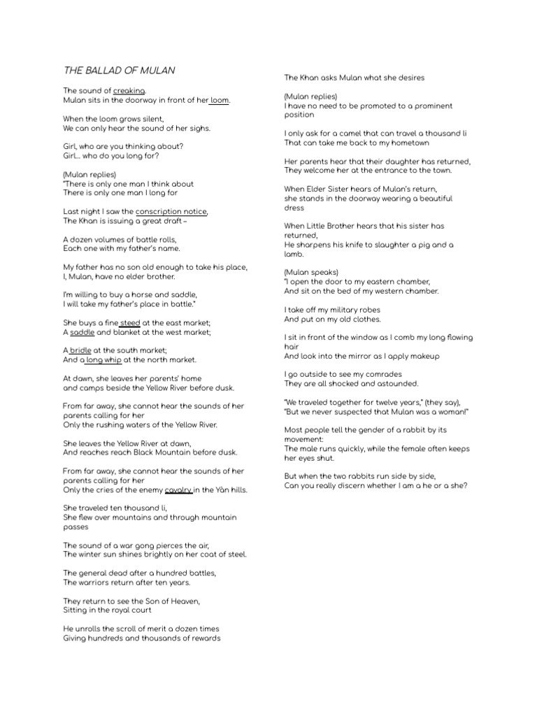 The Ballad of Mulan 1 | PDF