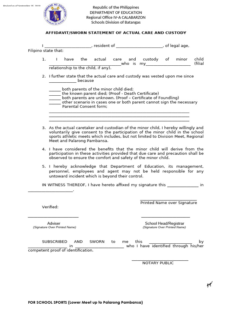 SWORN STATEMENT OF ACTUAL CARE AND CUSTODY Revised 1 | PDF | Social Institutions