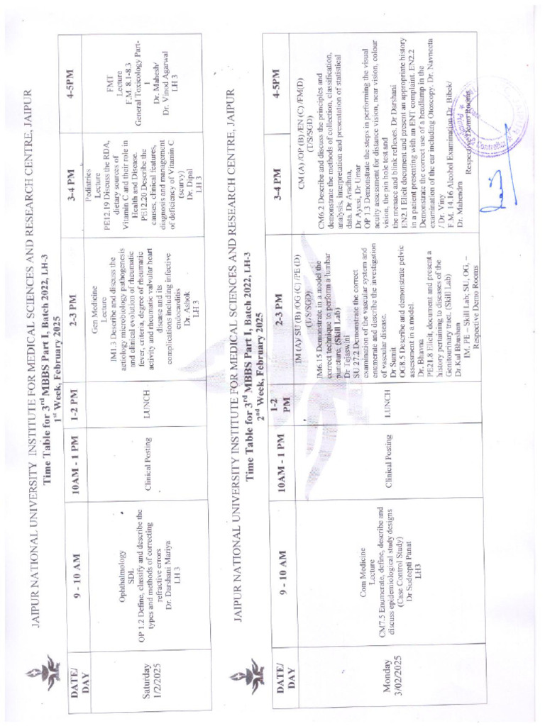 Time Table of 3rd MBBS Part I Batch 2022 For February 2025 | PDF