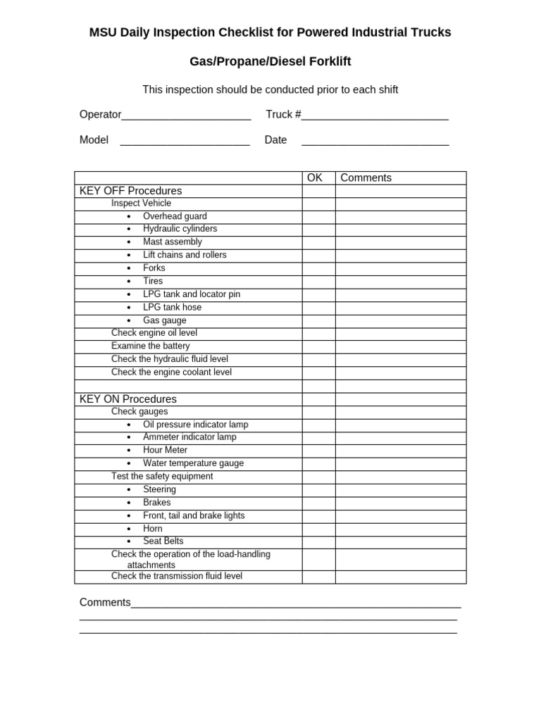 Daily Forklift Inspection Checklist | PDF
