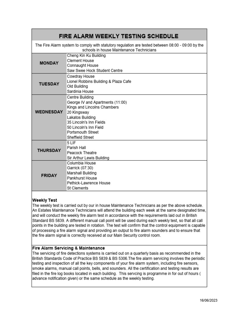 Weekly Fire Alarm Testing Schedule | PDF | Fire Protection | Safety