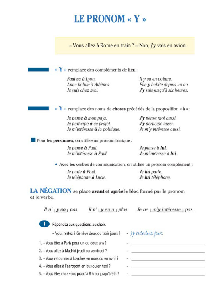 Le Pronom Adverbial Y | PDF