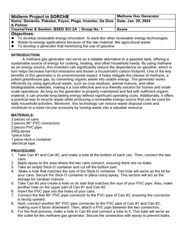 Group 1 Science 2a Midterm Endterm Project | PDF | Biogas | Energy ...