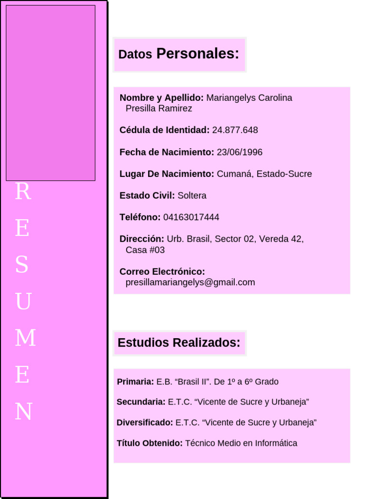 Perfil Profesional de Mariangelys Presilla | PDF