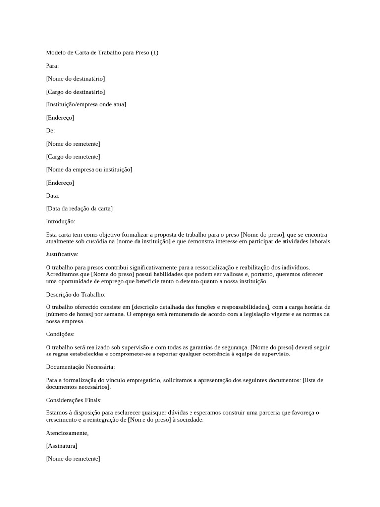 Modelo de Carta de Trabalho para Preso | PDF