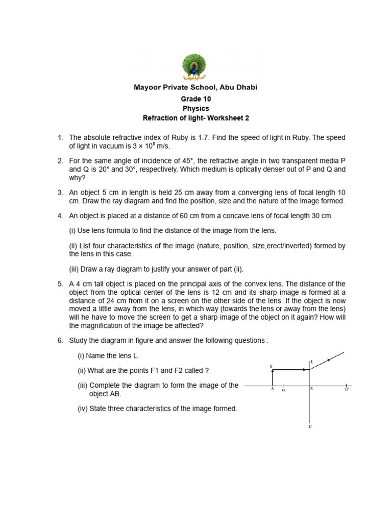 Refraction of light- worksheet 2 | PDF