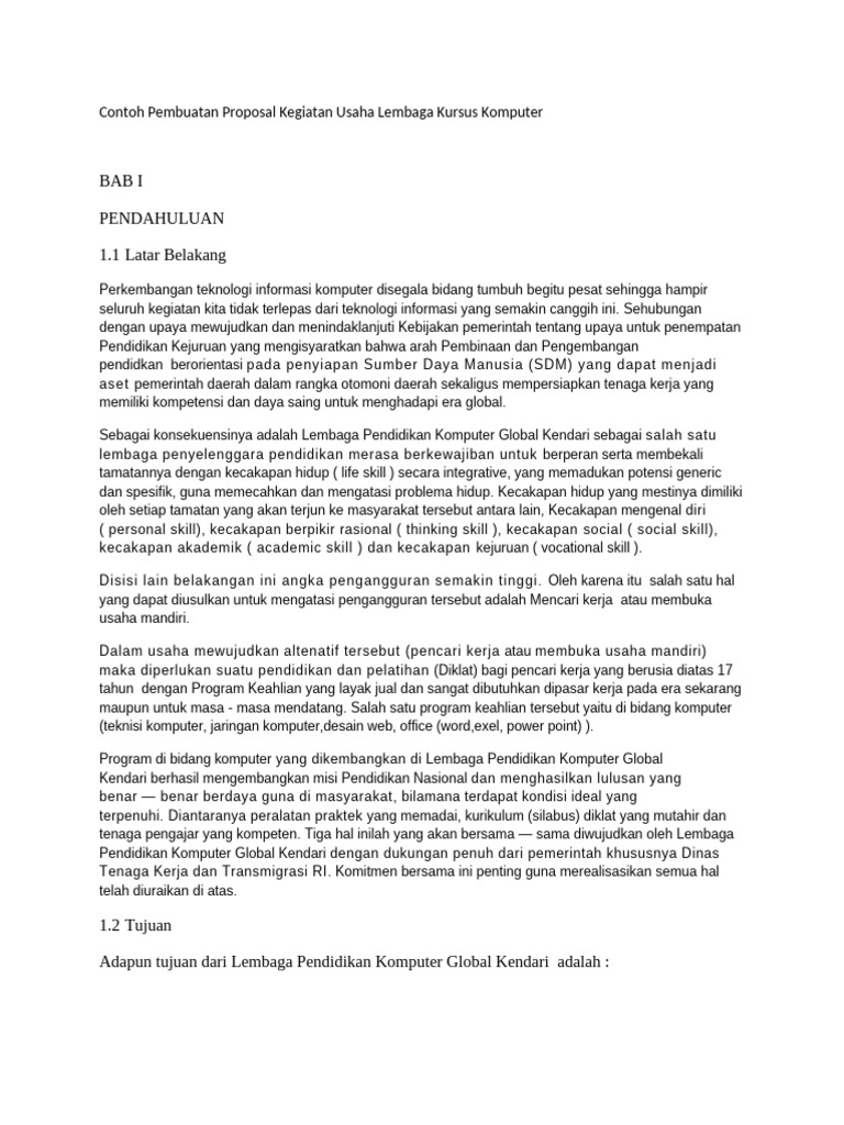 Contoh Pembuatan Proposal Kegiatan Usaha Lembaga Kursus Komputer | PDF