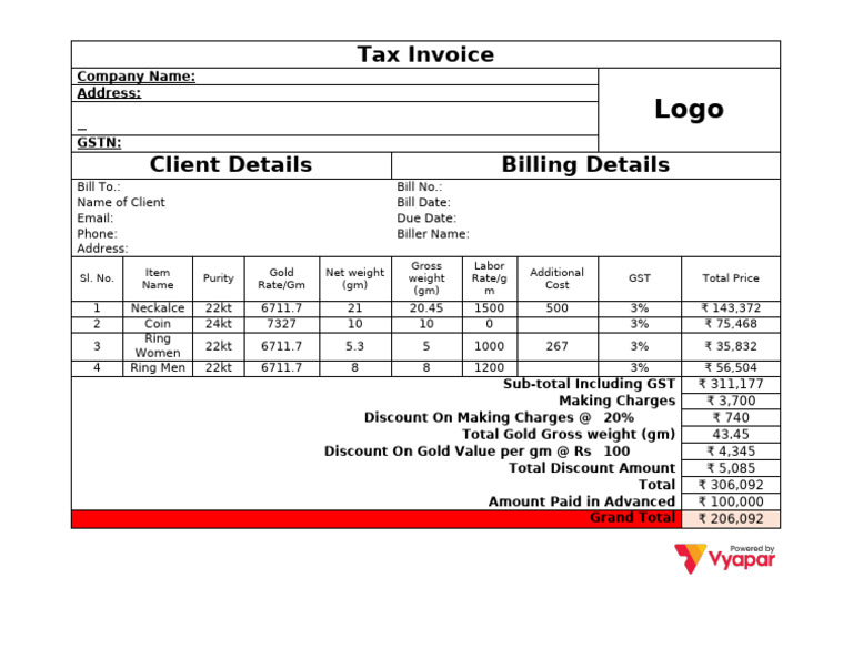Jewellery Bill Book Format 5 | PDF