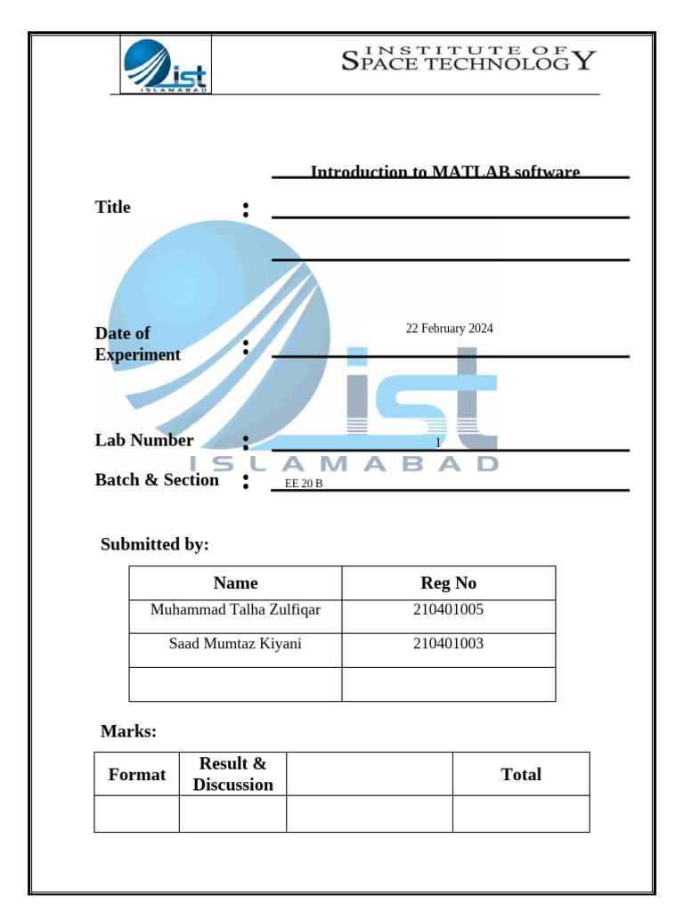 Lab Report Title Page | PDF | Matrix (Mathematics) | Matlab