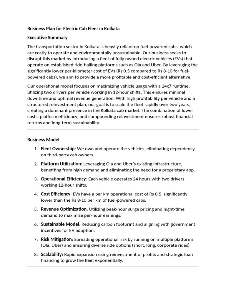Electric Cab Fleet Business Plan | PDF | Electric Vehicle | Return On ...