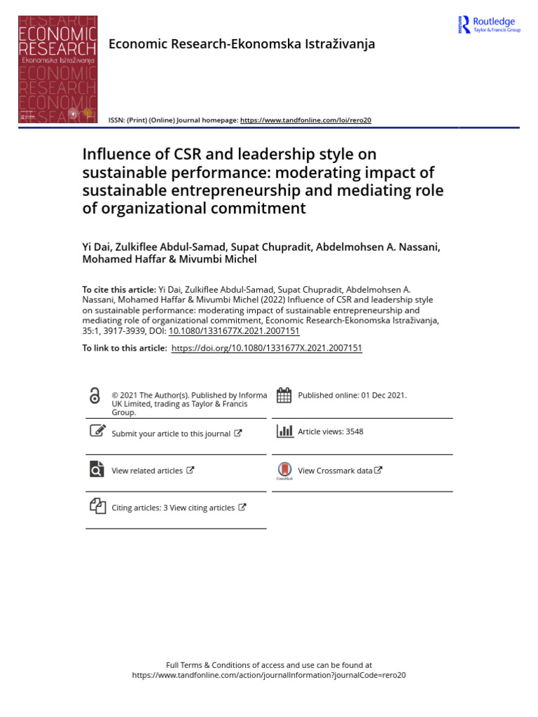 Influence of CSR and Leadership Style On Sustainable Performance - Moderating Impact of Sustain ...