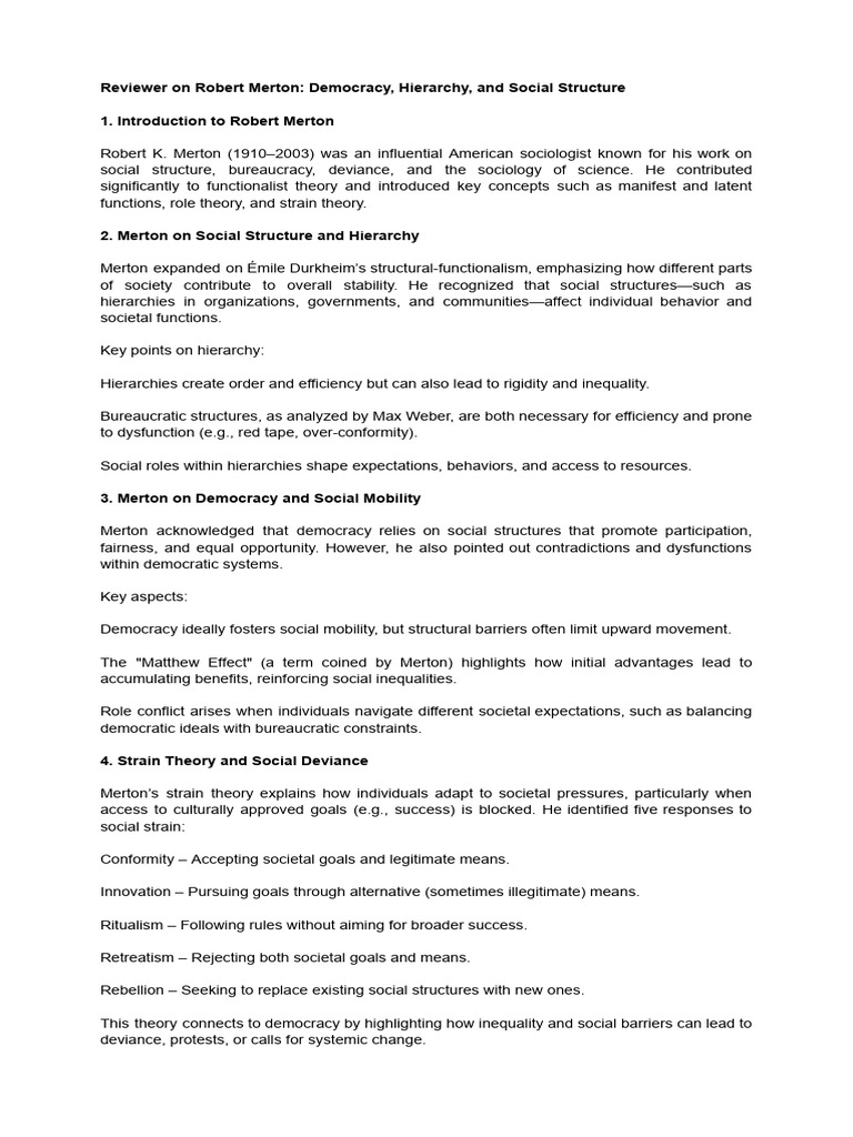 Reviewer On Robert Merton - Democracy, Hierarchy, and Social Structure ...