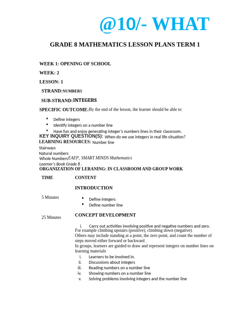8 Term 1 Mathemati - Cs Lesson Plans | PDF | Learning | Educational ...