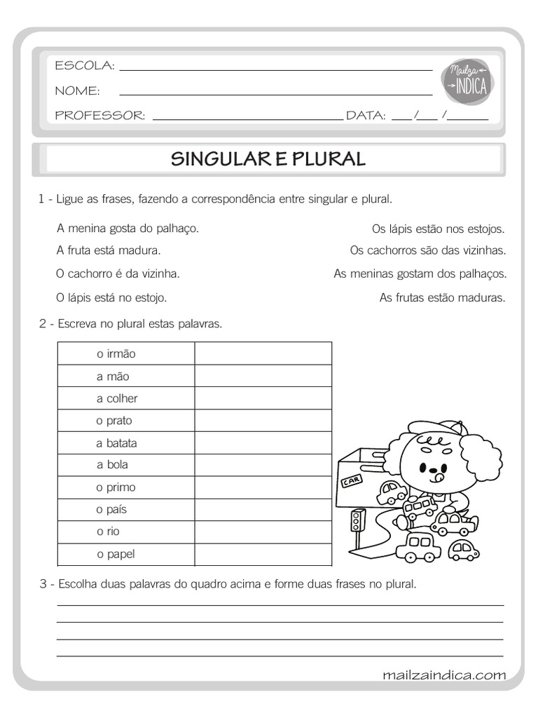 Atividades de Singular e Plural 3º Ano | PDF