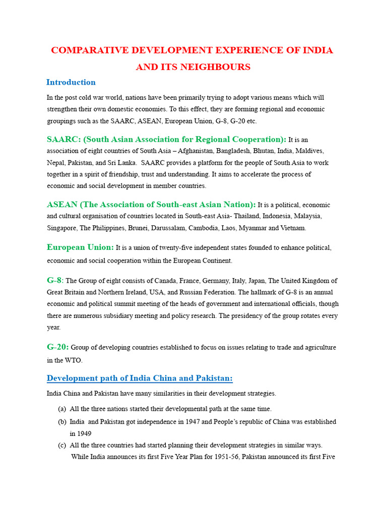 Comparative Development Experience of India and Its Neighbours - (Class ...