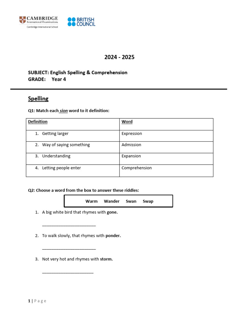 GYear 4-Spelling & Comprehension-Revision Sheet-Term 1 Final Exams ...