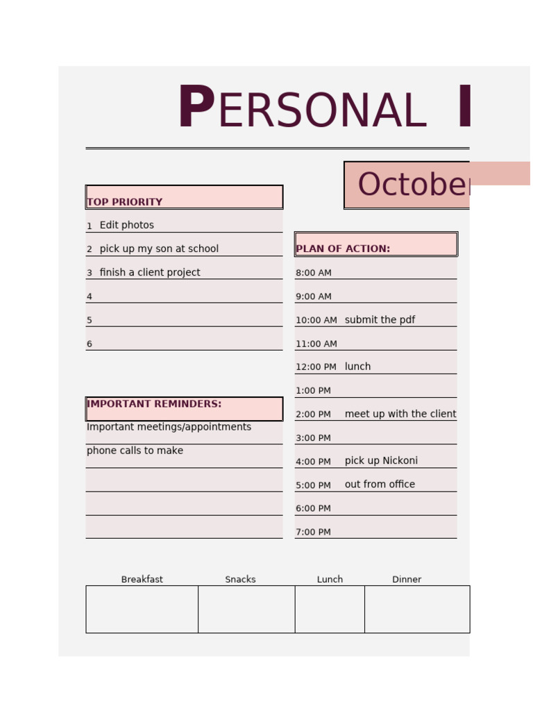 Personal Planner Templatesfhfhe | PDF | Eating Behaviors Of Humans | Meal