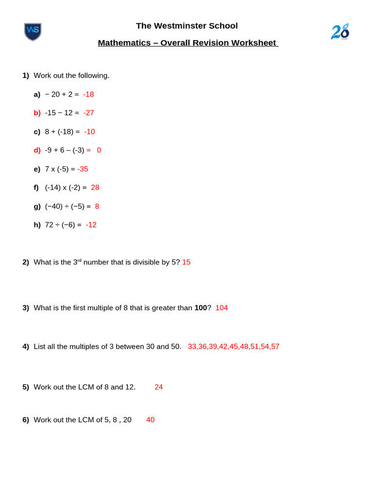 Year 7 - Overall Revision WS | PDF