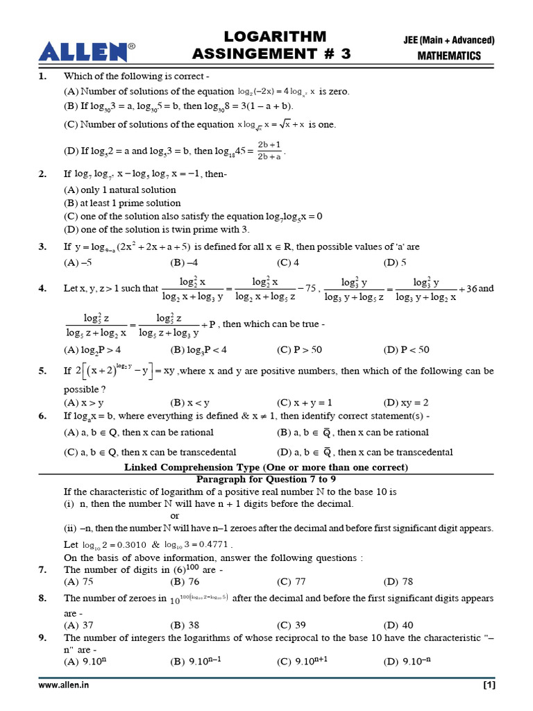 03 - Assingement - Logarithm | PDF | Mathematical Concepts | Mathematical Analysis