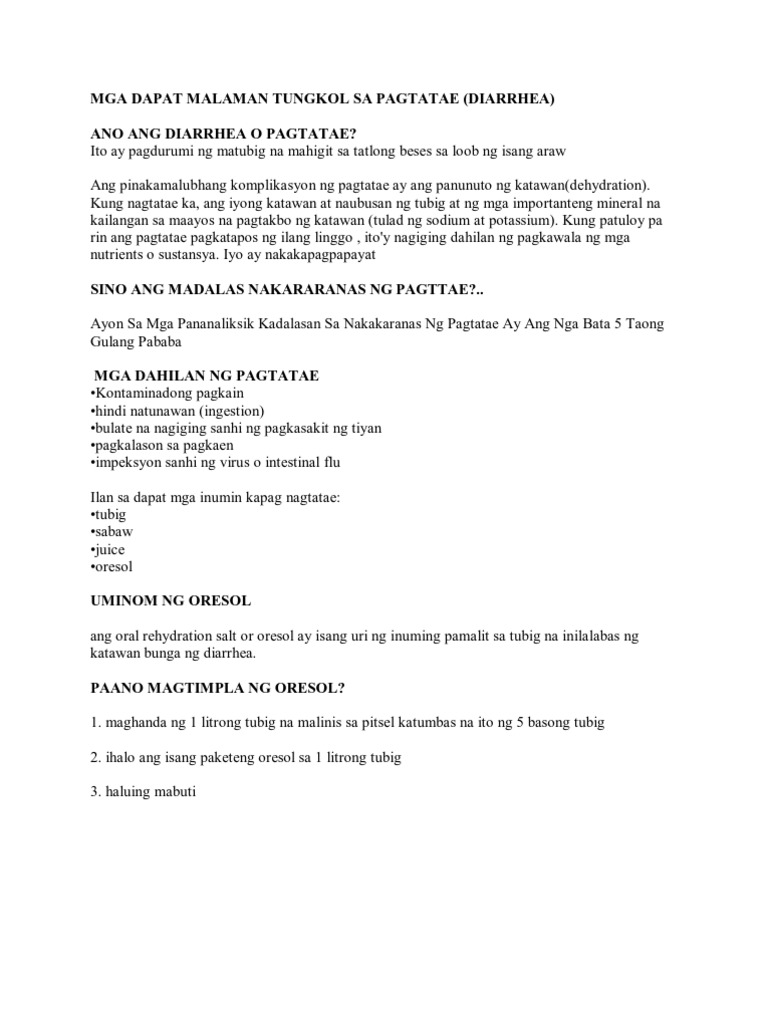 Mga Dapat Malaman Tungkol Sa Pagtatae | PDF