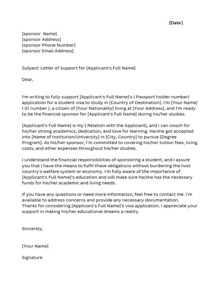 Student Visa Support Letter Template | PDF