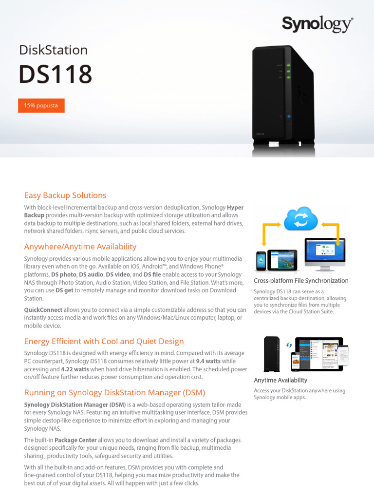 Synology DS118 Data Sheet Enu | PDF | File Transfer Protocol | Backup
