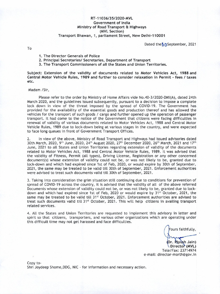 Extension of The Validity of Documents Related To Motor Vehicles Act ...
