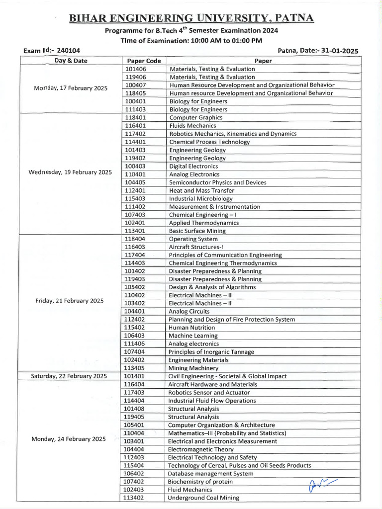 B.Tech 4th Semester Routine 2024 | PDF