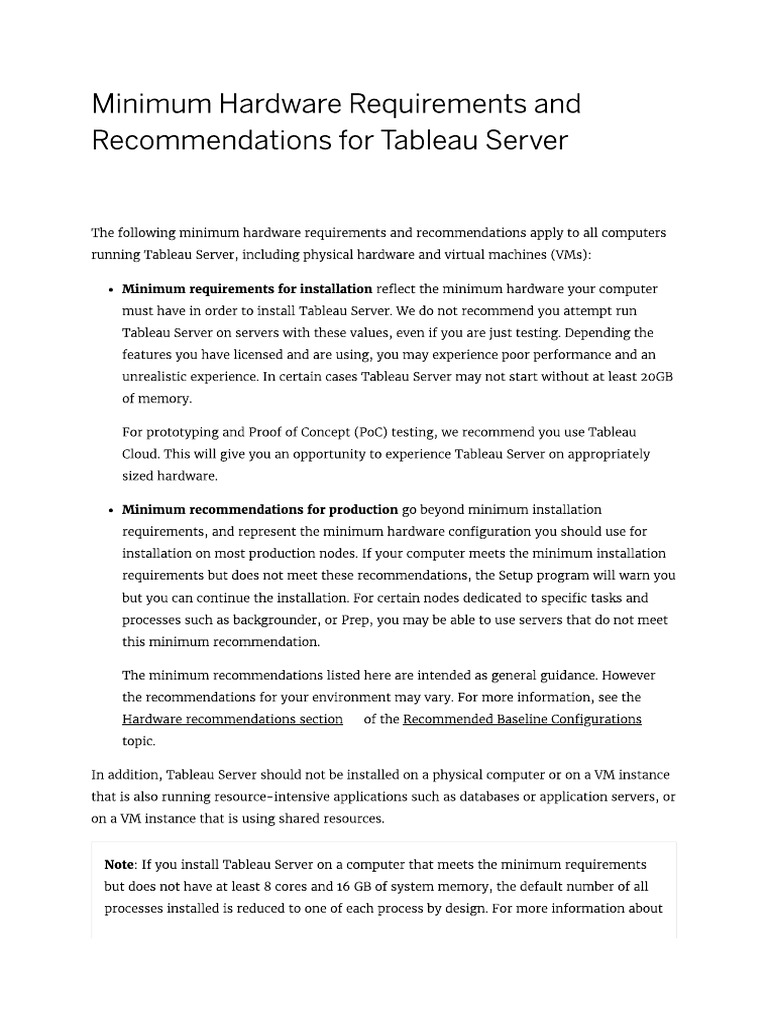 Minimum Hardware Requirements for tableau service | PDF