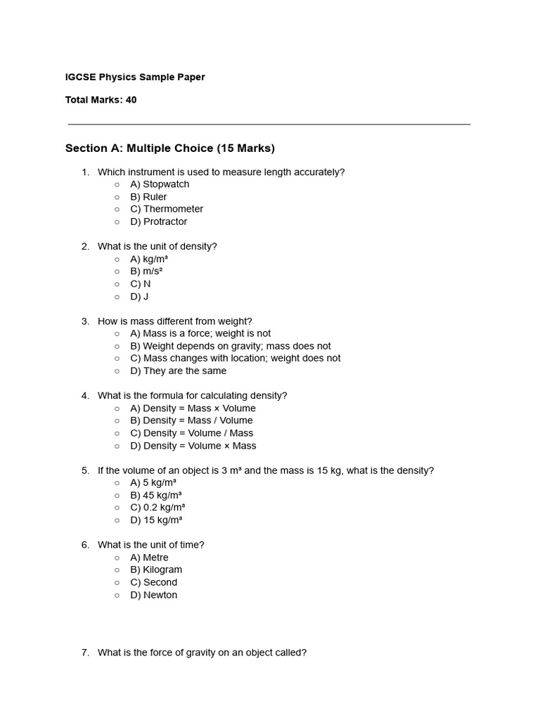 IGCSE Physics Sample Paper Guide | PDF | Weight | Mass