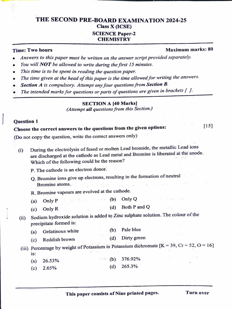 (X) Chemistry (The Second Pre-Board 2024-25) | PDF | Sodium | Chemical Reactions