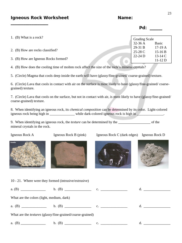 Igneous Rock Identification Worksheet | PDF | Igneous Rock | Rock (Geology)