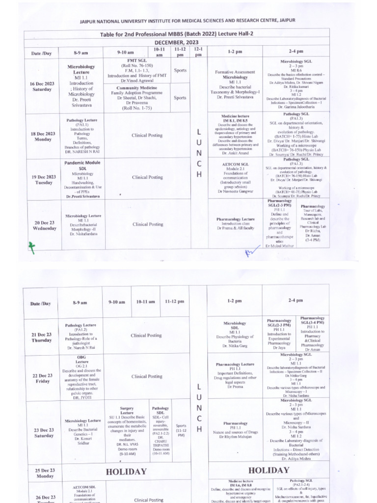 Time Table of 2nd Professional MBBS Batch 2022 for December 2024 | PDF