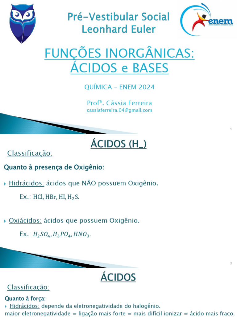 Aula 5 - Funções Inorgânicas (Ácidos e Bases) | PDF | Sal (Química) | Ácido